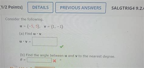 Solved Find The Angle Between U And V To The Nearest Degree Chegg Com