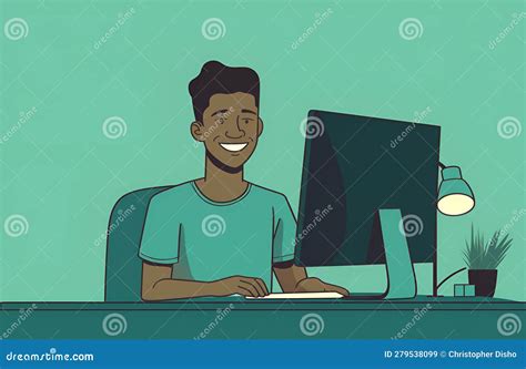 Man Working On Computer Color Schemed Illustration Codding Man Working Online And Smiling Giving