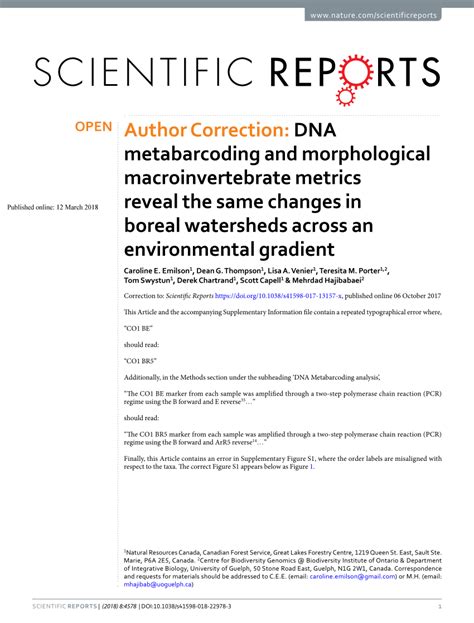 Pdf Author Correction Dna Metabarcoding And Morphological Macroinvertebrate Metrics Reveal