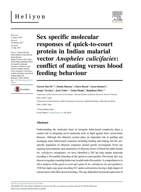 Solution Sex Specific Molecular Responses Of Quick To Court Protein In Indian Malarial Vector