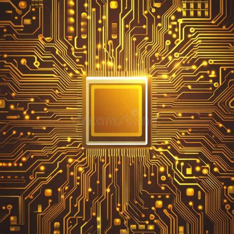 Illuminated Circuit Board With Golden Microchip Center And Complex Pathways Stock Image Image