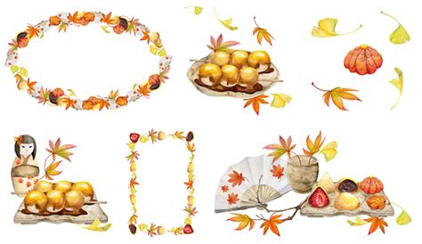 수채화 손으로 그린 일본 전통 과자 가을 화자 붕어빵 차 프레임이 있는 작곡 세트 흰색 배경에 격리되어 있습니다 초대장 레스토랑 메뉴 인사말 카드 프린트 텍스타일 0명에