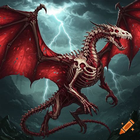 A Skeletal Dragon With Red Wings Soars Through A Stormy Sky Illuminated