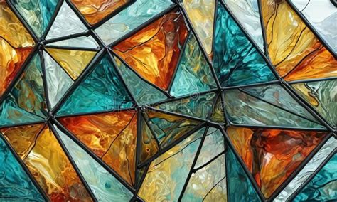 Vibrant Stained Glass Window Features Mosaic Intersecting Triangular Panels In Various Colors