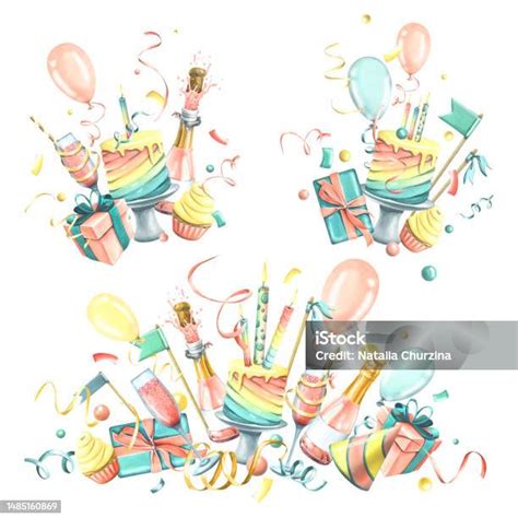 케이크 선물 풍선 양초 깃발 및 색종이가 든 병과 유리잔에 담긴 샴페인 수채화 그림입니다 축제 작곡 Birthday를 설정합니다