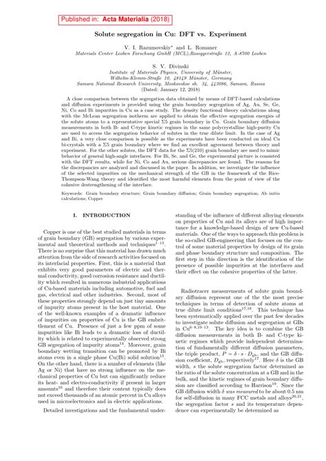 Pdf Solute Segregation In Cu Dft Vs Experiment