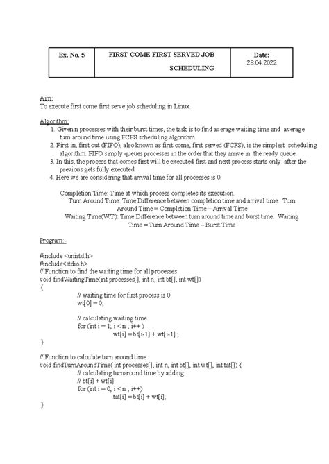 oslab manual 5and6 lab ex no 5 first come first served job