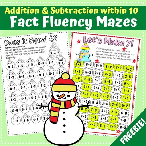 Addition Subtraction Within 10 Free Christmas Fact Fluency Mazes
