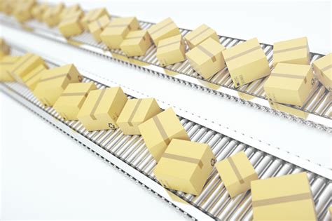 배달 포장 서비스 및 소포 운송 시스템 개념 컨베이어 벨트 3d 렌더링에 골 판지 상자 패키지 갈색에 대한 스톡 벡터 아트 및 기타 이미지 Istock