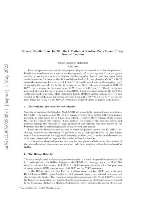 Pdf Recent Results From Babar Dark Matter Axion Like Particles And Heavy Neutral Leptons A