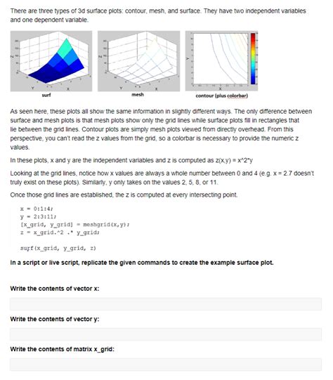 [solved] there are three types of 3d surface plots contour mesh and