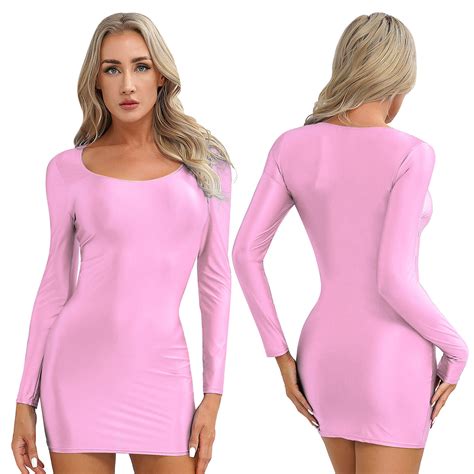 Women Oil Shiny Bodystocking Pencil Mini Dress Sheer Long Sleeve