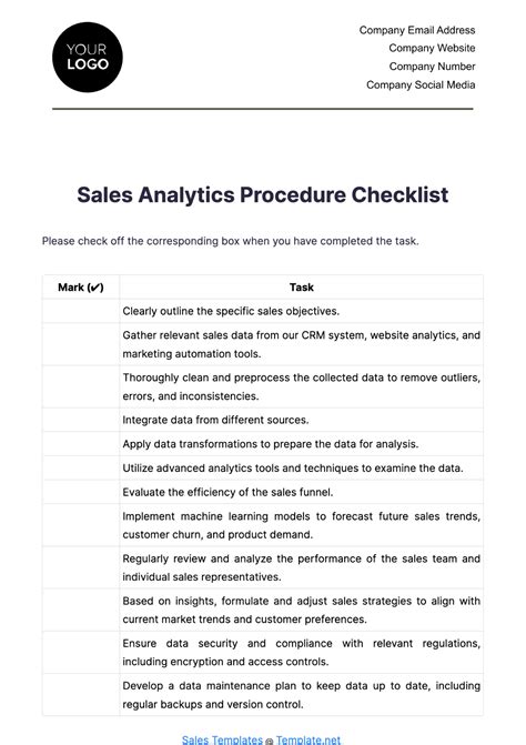 Free Sales Analytics Procedure Checklist Template To Edit Online
