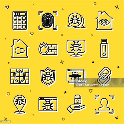 회선 얼굴 인식 체인 링크 Usb 플래시 드라이브 시스템 버그 방화벽 보안 벽 스마트 홈 암호 보호 및 아이콘을 설정합니다 벡터 Usb 케이블에 대한 스톡 벡터 아트 및