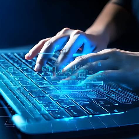 Hands Type On A Laptop Keyboard With Glowing Blue Digital Overlays Stock Illustration