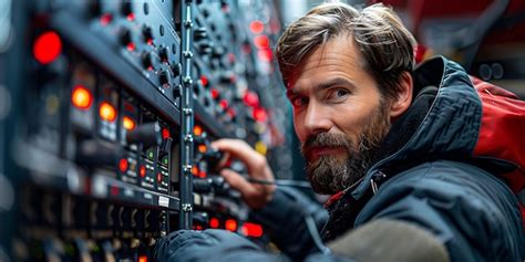 Man In Server Room Network Rack Full Of Routers Fixing The Probems Premium AI Generated Image