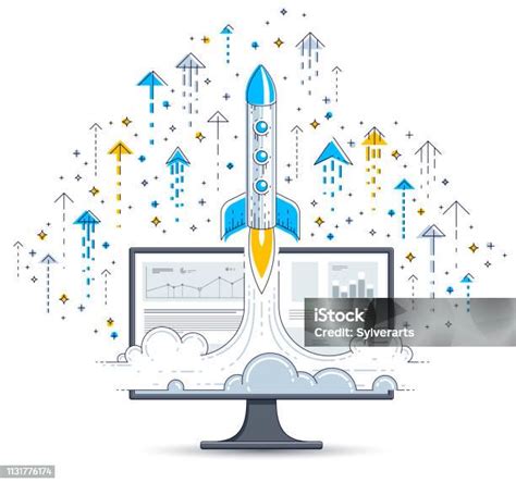 시동 로켓은 컴퓨터 모니터를 통해 이륙 우주 로켓 비행 인터넷 비즈니스 개념 온라인 금융 시장 또는 상점 벡터 일러스트 레이 션을 시작 합니다 로켓에 대한 스톡 벡터 아트