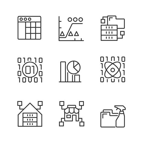 Data Mining In Industry Linear Pixel Perfect Icons Set Knowledge Discovering In Data Analyze
