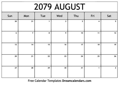 August 2079 Calendar Free Printable With Holidays And Observances