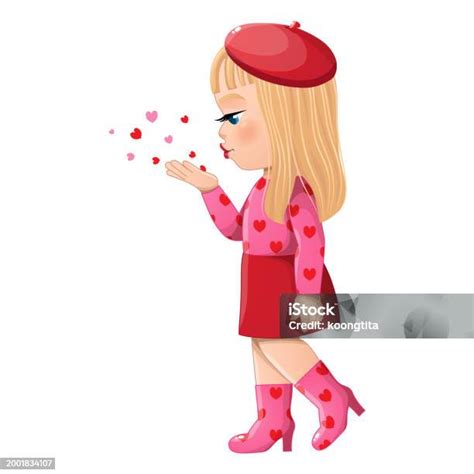 발렌타인 데이 금발 머리 소녀 측면도 부는 마음 평면 벡터 일러스트 레이 션 발렌타인 데이 축하 만화 벡터 귀여운에 대한 스톡 벡터 아트 및 기타 이미지 Istock