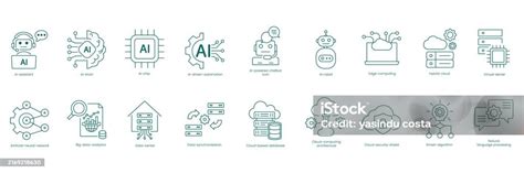 완전한 Ai 및 클라우드 컴퓨팅 벡터 아이콘 세트 비서 두뇌 칩 구동 자동화 챗봇 로봇 에지 컴퓨팅 하이브리드 클라우드 가상 서버 인공 신경망 벡터 아이콘 세트 가장자리에