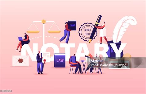 공증인 전문 서비스 개념 사람들은 서명 및 합법화 문서에 대한 변호사 사무실을 방문합니다 비서 문자 스탬핑 문서 포스터 배너 전단지 만화 벡터 일러스트레이션 증명서에 대한