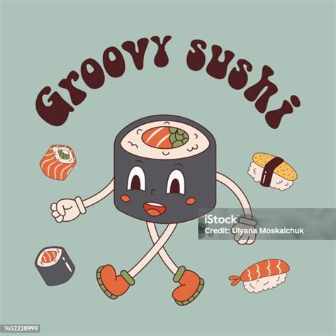 복고풍 스타일의 초밥 마스코트가 있는 벡터 그루비 엽서 마키 스시 캐릭터 70 년대 일본 음식 그루비 스시 텍스트 만화에 대한