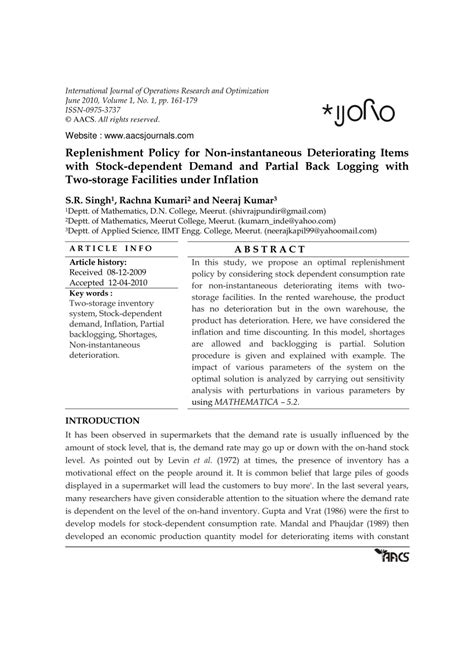 Pdf Replenishment Policy For Non Instantaneous Deteriorating Items With Stock Dependent Demand