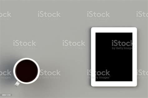 커피 컵 회색 배경에 타블렛으로 상위 텍스트 Copyspace 보기 3d 렌더링 0명에 대한 스톡 사진 및 기타 이미지 0명