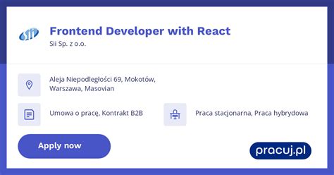 Oferta Pracy Frontend Developer With React Sii Sp Z Oo Warszawa