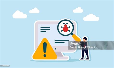 돋보기를 들고 느낌표 또는 경고 표지판이 있는 모니터 옆에서 바이러스를 관찰하는 사업가 주의 사항 및 컴퓨터 위협에 대한 필터 감시에 대한 스톡 벡터 아트 및 기타 이미지