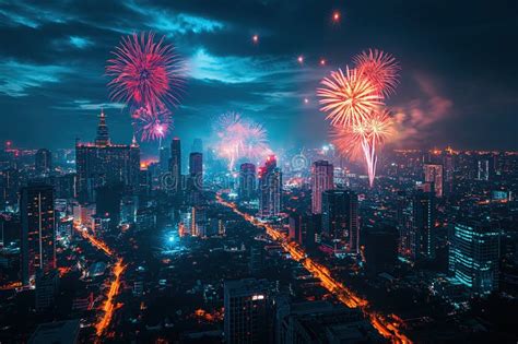 Fireworks Exploding Over City Celebrating New Year S Eve Stock Illustration Illustration Of