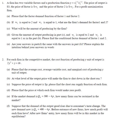 solved 1 a firm has two variable factors and a production