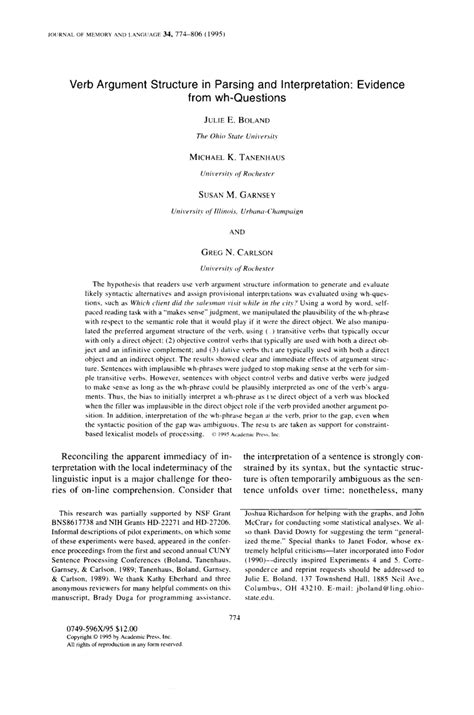 Pdf Verb Argument Structure In Parsing And Interpretation Evidence
