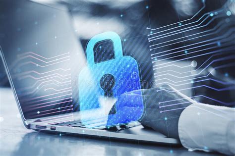 Close Up Of Hands Using Laptop Keyboard With Glowing Padlock Hologram And Lines On Blurry