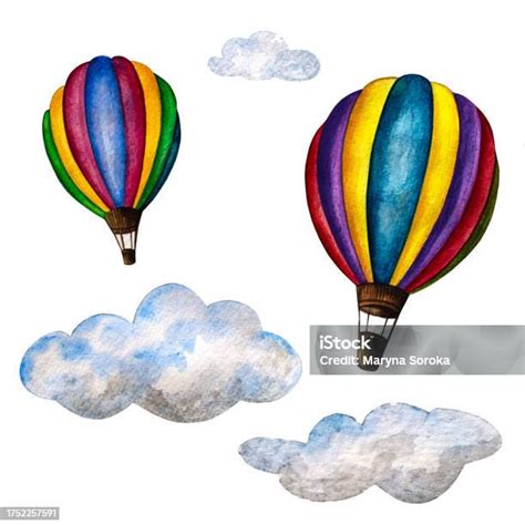 손으로 그린 수채화 세트는 비행 중인 열기구와 흰색 배경에 구름을 그렸다 0명에 대한 스톡 벡터 아트 및 기타 이미지 0명