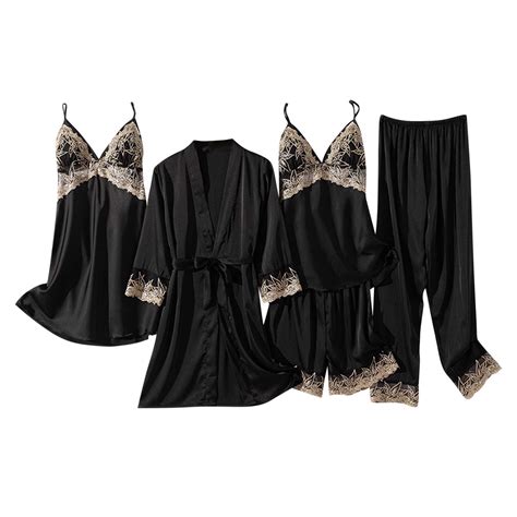 Wancir Womens 5 Piece Satin Pajama Set Lace Camisole Nightgown With