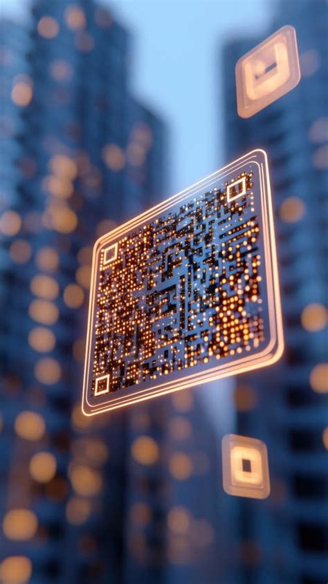 Floating Qr Code With Glowing Lights In Cityscape Background Stock
