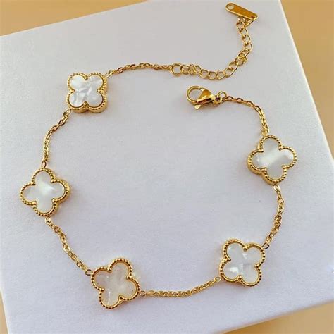 18k Gold Plated Flower Four Leaf Clover Bracelet Mother Of Pearl