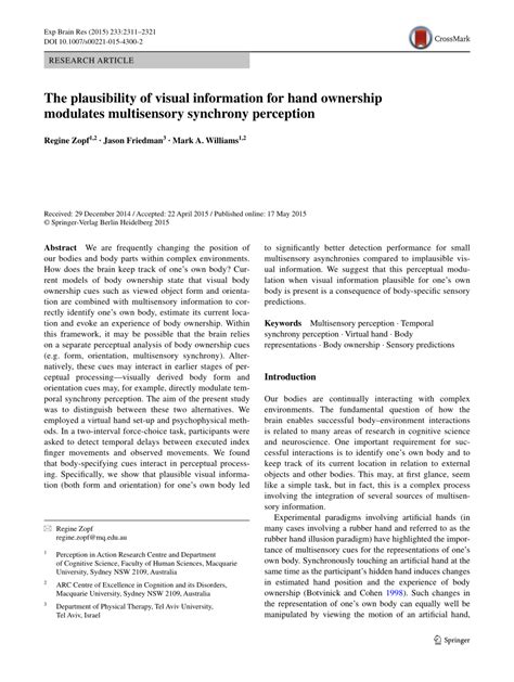 Pdf The Plausibility Of Visual Information For Hand Ownership