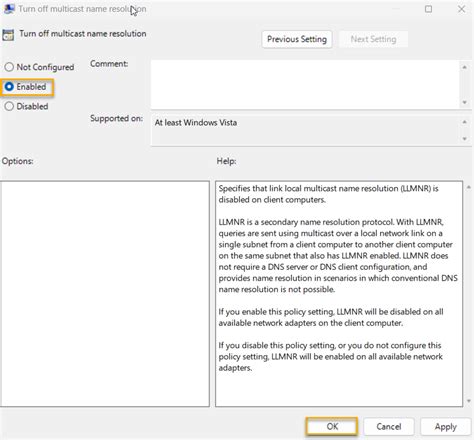 Ensure Turn Off Multicast Name Resolution Is Set To Enabled Cis