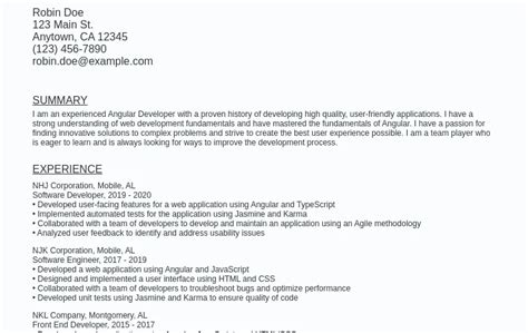 Remote Angular Developer Resume Sample Template Free Ziprecruiter