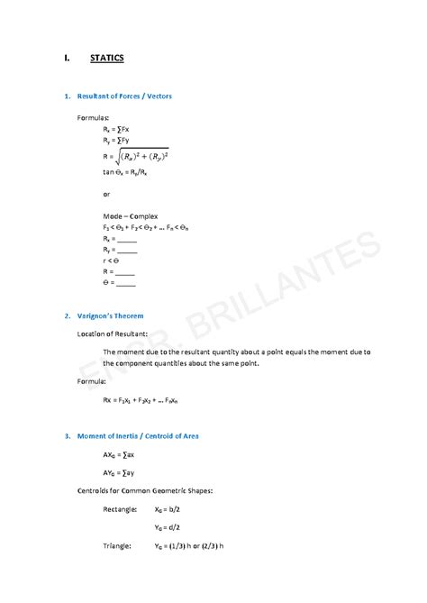 Ce Review 2 Lesson 1 Statics I Statics Resultant Of Forces Vectors Formulas Rx ∑fx Ry