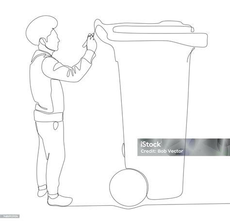 쓰레기통을 손가락으로 가리키는 남자의 연속적인 줄 가는 선 그림 벡터 개념입니다 등고선 그리기 창의적인 아이디어 가리키기에 대한 스톡 벡터 아트 및 기타 이미지 Istock