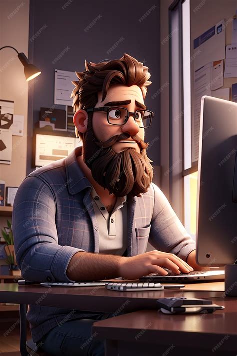 Premium Photo Bearded Guy Sitting In Front Of Laptop Man Work On Computer Freelancer 3d Render