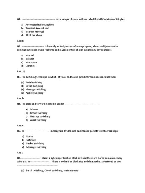 mcq networking pdf packet switching network packet