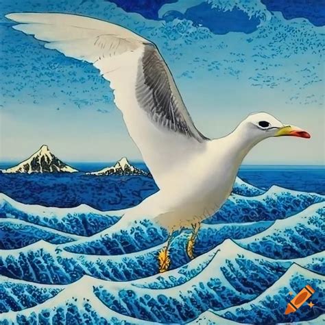 Large White Seabird Flying Over The Blue Ocean And Sky In Hokusai Style
