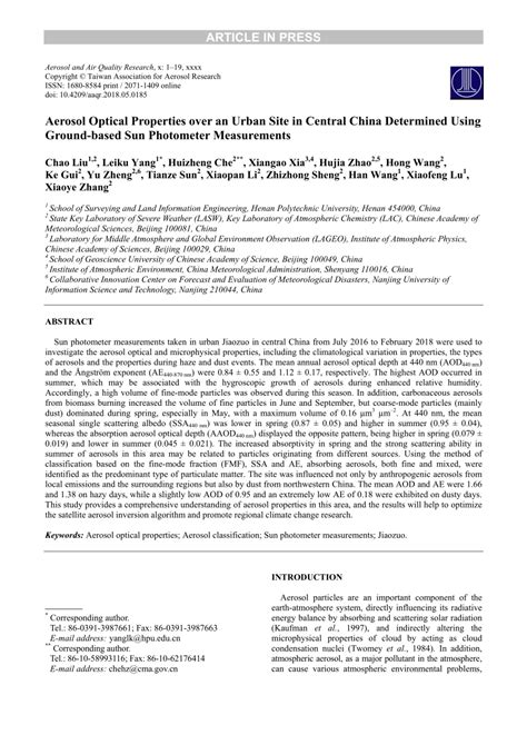 Pdf Aerosol Optical Properties Over An Urban Site In Central China