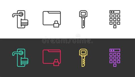 Set Line Digital Door Lock Folder And Key And Password Protection On Black And White Vector