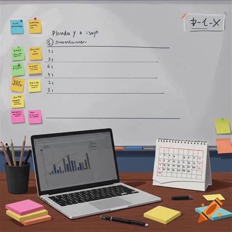 A Desk With A Laptop Sticky Notes Calendar And A Whiteboard In The